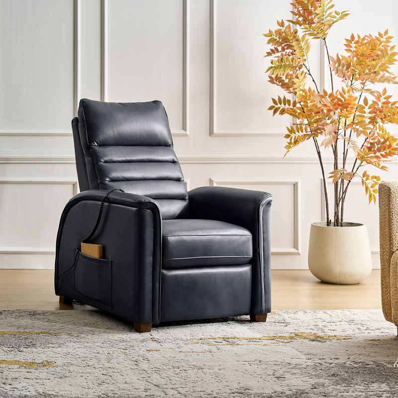 Myhaylo Dual Motor Mid Century Modern Genuine Leather Power Zero Gravity Recliner with Adjustable Headrest Hokku Designs Upholstery Color Navy